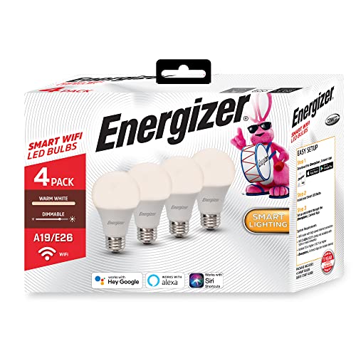 Energizer Connect Smart A19 LED Warm White Light Bulb with Voice Control and Remote Access Through Your Smartphone | Compatible with Alexa and Google Assistant, 4 Pack