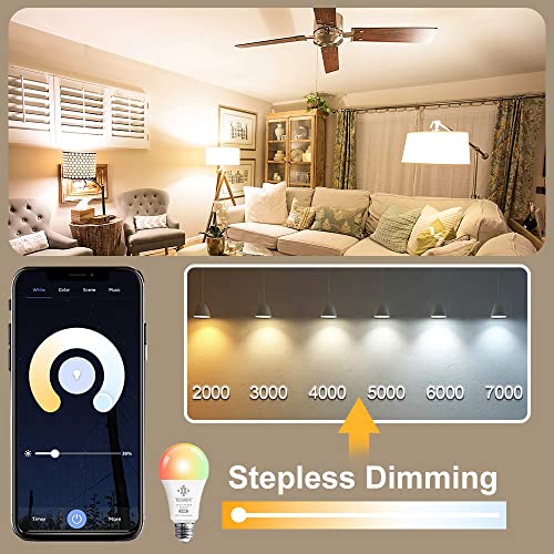 TODAAIR Smart Light Bulbs 1 Pack, Bluetooth & WiFi RGB+White Color Changing Dimmable 60W Equivalent E26 LED Light Bulbs A19, Alexa Devices for Home Works with Alexa and Google Home (No Hub Required)