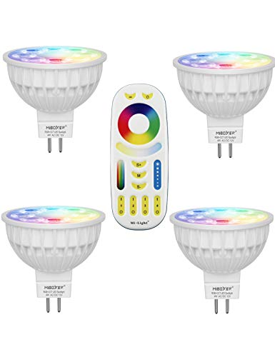 Mi Light MR16 Color Changing LED Spotlight RGB +CCT 4 Watt 4Pack and with 4-Zone FUT092 Remote