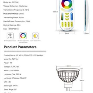 Mi Light MR16 Color Changing LED Spotlight RGB +CCT 4 Watt 4Pack and with 4-Zone FUT092 Remote