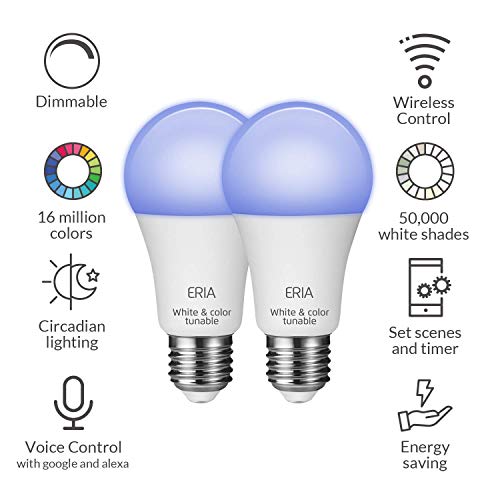 ERIA Zigbee Color A19 Smart Bulb Compatible, Alexa, Google Assistant and ZigBee hubs (2-Pack)