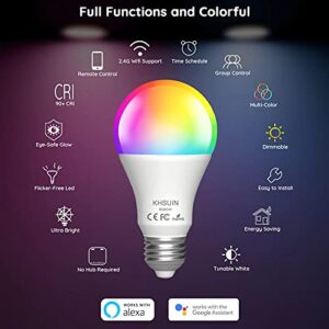 KHSUIN Smart Light Bulbs,Dimmable 2700K-6500K RGBCW Color Changing Alexa Light Bulb Works with Alexa,Echo,Google Home,E26 A19 WiFi Light Bulbs(80W Equivalent)Amazon Certified Alexa Smart Bulb,2 Pack