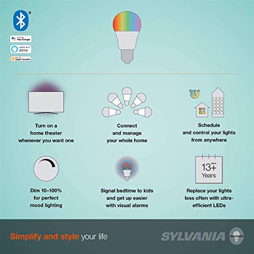 SYLVANIA SMART+ Bluetooth Full Color and Tunable White A19 LED Bulb, Fully Dimmable, Compatible with Alexa, Apple HomeKit and Google Assistant, 1 pack