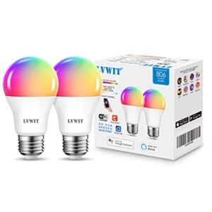 LVWIT Smart Light Bulb 2 Pack, A19 Smart LED, Work with Alexa, Google Assistant, Smart Life App, Tuya App, 8.5W (60W Replacement), 2700K-6500K, E26 RGB Color Changing Bulb, No Hub Required