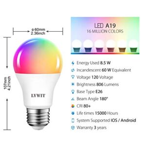 LVWIT Smart Light Bulb 2 Pack, A19 Smart LED, Work with Alexa, Google Assistant, Smart Life App, Tuya App, 8.5W (60W Replacement), 2700K-6500K, E26 RGB Color Changing Bulb, No Hub Required