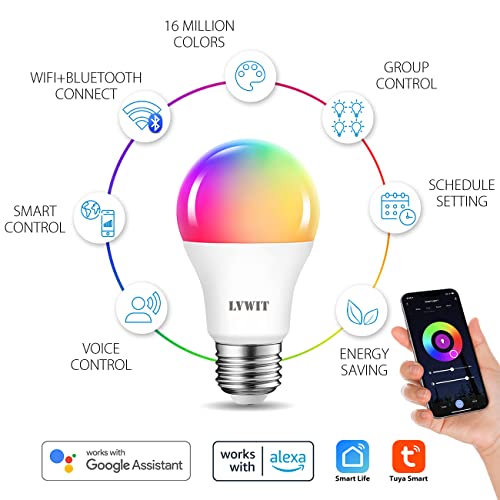 LVWIT Smart Light Bulb 2 Pack, A19 Smart LED, Work with Alexa, Google Assistant, Smart Life App, Tuya App, 8.5W (60W Replacement), 2700K-6500K, E26 RGB Color Changing Bulb, No Hub Required