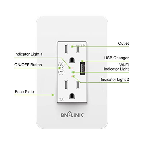 BN-LINK Electrical Outlet in-Wall Smart Wi-Fi Outlet with High Speed 2.1A USB Port - Compatible with Amazon Alexa and Google Assistant - Wireless and Voice Control