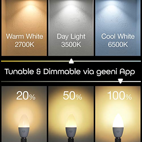 Geeni LUX Candle Candelabra Bulb B11 E12 Base 5ghz WiFi Smart Light Bulbs, Dimmable Tunable E12 Light Bulb 40W Equivalent, Candle Bulb Chandelier Light, Works with Alexa and Hey Google, 2 Pack