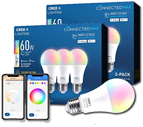 Cree Lighting Connected Max Smart Led Bulb A19 60W Tunable White + Color Changing, 2.4 Ghz, Compatible With Alexa And Google Home, No Hub Required, Bluetooth + Wifi, 6Pk