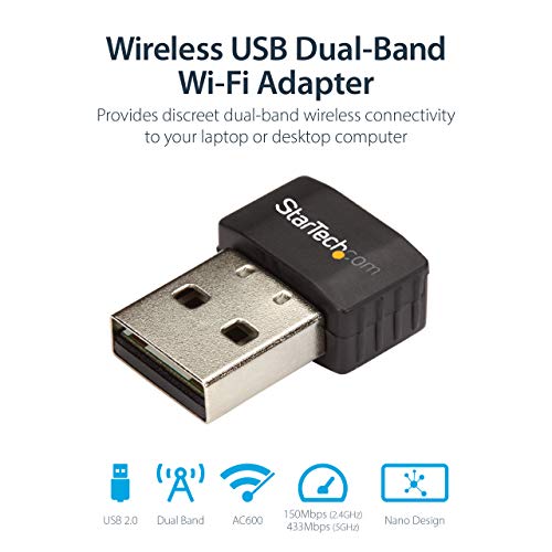 StarTech.com Wireless USB WiFi Adapter – Dual Band AC600 Wireless Dongle - 2.4GHz / 5GHz - 802.11ac Wi-Fi Laptop Adapter (USB433ACD1X1)