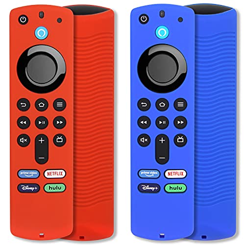 [2 Pack] Pinowu Firestick Remote Cover Compatible with Fire TV Stick 4K Max Alexa Voice Remote (3rd Gen), Anti Slip Silicone Protective Case Cover with Lanyard (Red & Blue)