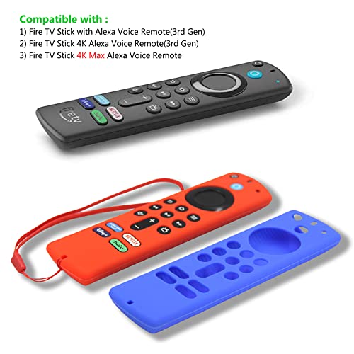 [2 Pack] Pinowu Firestick Remote Cover Compatible with Fire TV Stick 4K Max Alexa Voice Remote (3rd Gen), Anti Slip Silicone Protective Case Cover with Lanyard (Red & Blue)