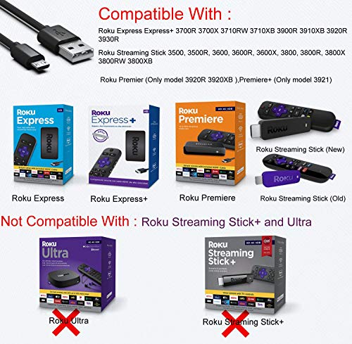 USB Power Cord Cable Fit for Roku Streaming Stick Express Premier 3500 3600 3800 3700 3710XB 3900R 3910XB 3920R 3930R 3920R 3920XB,Fire TV Stick,Intel Computer, Chromecast