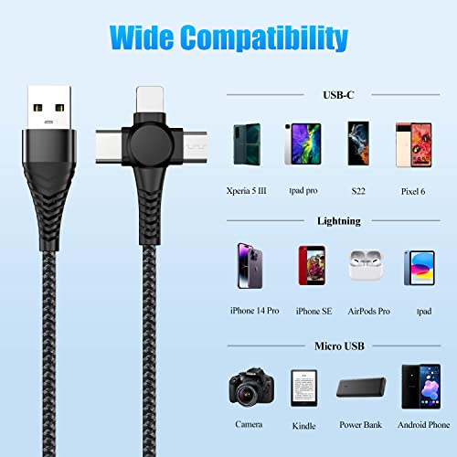 incofan 3 in 1 Multi Fast Charging Cable (2Pack 4FT) Nylon Braided Multiple Connectors Universal USB Data Charger Cord for iPhone, iPad, Samsung, Kindle More