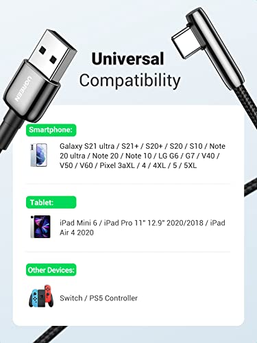 UGREEN USB C Cable Right Angle USB A to USB C Cable Braided Cord Compatible with iPad Pro, Air, Pixel, Galaxy S10 S10+ A13, Honor Note 20, LG V60/50, etc.1.6FT