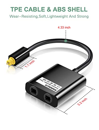 RAWAUX Digital Optical Splitter 1 in 2 Out Toslink Splitter Audio Optical Cable Adapter Fiber Converter 24K Gold Plated Connector for Home Theatre