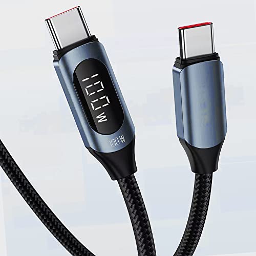 5A Type C to Type-C Cable Super Turbo Charging PD 100W Digital LED C to C Nylon Braided for Samsung High Stable Current Save PVC USB-C Charger Fast-Speed Data Sync Smart Chip 2Meter Length (2M-Blue)