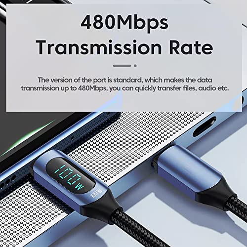 5A Type C to Type-C Cable Super Turbo Charging PD 100W Digital LED C to C Nylon Braided for Samsung High Stable Current Save PVC USB-C Charger Fast-Speed Data Sync Smart Chip 2Meter Length (2M-Blue)