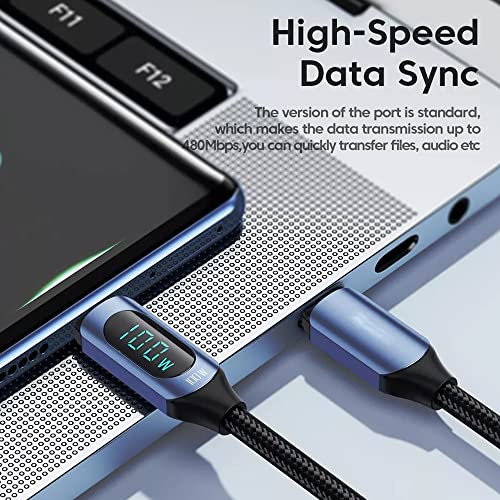 5A Type C to Type-C Cable Super Turbo Charging PD 100W Digital LED C to C Nylon Braided for Samsung High Stable Current Save PVC USB-C Charger Fast-Speed Data Sync Smart Chip 2Meter Length (2M-Blue)