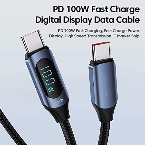 5A Type C to Type-C Cable Super Turbo Charging PD 100W Digital LED C to C Nylon Braided for Samsung High Stable Current Save PVC USB-C Charger Fast-Speed Data Sync Smart Chip 2Meter Length (2M-Blue)