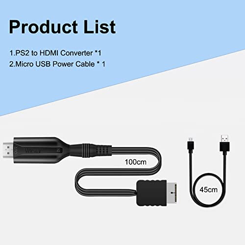 PS2 to HDMI Converter Adapter Video Converter PS2 to HDMI Adapter Cable 1m/3.2ft for HDTV HDMI Monitor Supports All PS2 Display Modes