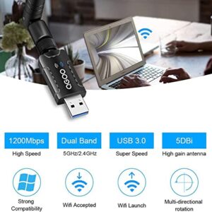 WiFi Adapter for PC, QGOO 1200Mbps USB 3.0 Wireless Network WiFi Dongle with 5dBi Antenna for Desktop/Laptop, Dual Band 2.4G/5G 802.11ac, Support Windows 11/10/8/8.1/7/Vista/XP