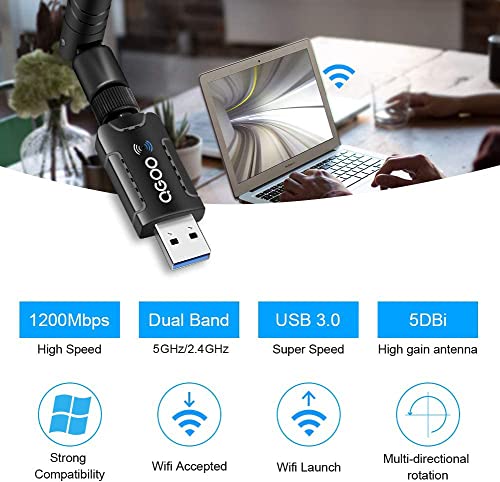 WiFi Adapter for PC, QGOO 1200Mbps USB 3.0 Wireless Network WiFi Dongle with 5dBi Antenna for Desktop/Laptop, Dual Band 2.4G/5G 802.11ac, Support Windows 11/10/8/8.1/7/Vista/XP