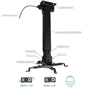 WALI Universal Projector Ceiling Mount Multiple Adjustment Bracket with 25.6 inches Extension Pole, Hold up to 44 lbs (PM-001-BLK), Black