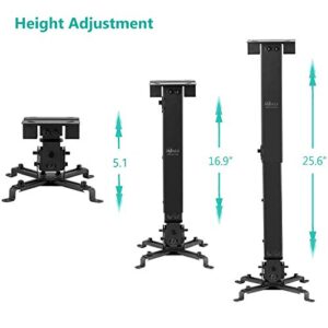 WALI Universal Projector Ceiling Mount Multiple Adjustment Bracket with 25.6 inches Extension Pole, Hold up to 44 lbs (PM-001-BLK), Black