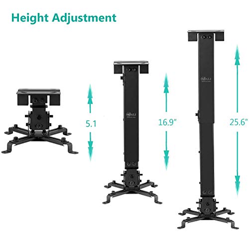 WALI Universal Projector Ceiling Mount Multiple Adjustment Bracket with 25.6 inches Extension Pole, Hold up to 44 lbs (PM-001-BLK), Black