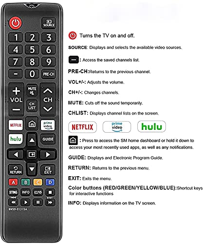 BN59-01315A BN59-01315D Replacement Remote Compatible with All Samsung Smart TV, 4K UHD Curve Ultra HDTV LED 6 7 8 Series with Netflix, Prime Video, Hulu App Keys