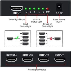 Tolmnnts HDMI Splitter 1 in 4 Out Powered by AC Adapter, Hdmi powered Splitter Supports 4K@30Hz 3D Full HD1080P, Compatible with Xbox PS3 PS4 Fire Stick Roku Blu-Ray Player HDTV - 1 Input to 4 Outputs