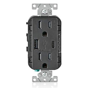 leviton t5633-e 15-amp type a & type-c usb charger/tamper resistant outlet, not for laptops, black