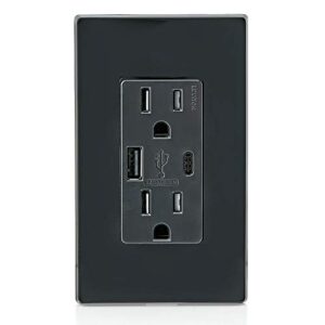 Leviton T5633-E 15-Amp Type A & Type-C USB Charger/Tamper Resistant Outlet, Not for Laptops, Black