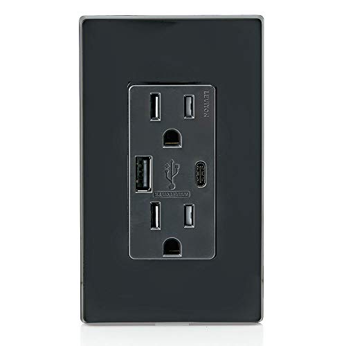 Leviton T5633-E 15-Amp Type A & Type-C USB Charger/Tamper Resistant Outlet, Not for Laptops, Black