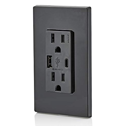 Leviton T5633-E 15-Amp Type A & Type-C USB Charger/Tamper Resistant Outlet, Not for Laptops, Black