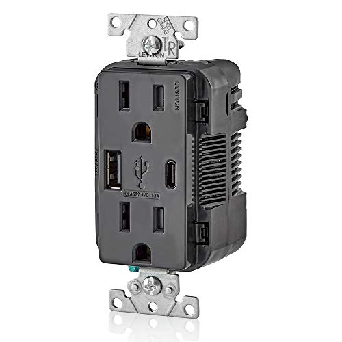 Leviton T5633-E 15-Amp Type A & Type-C USB Charger/Tamper Resistant Outlet, Not for Laptops, Black