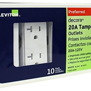 Leviton M02-T5825-Wmp 20a 125v White Decora Tamper Resistant Outlets 10 Count