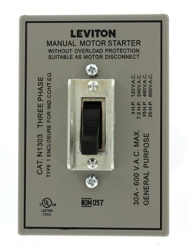 Leviton N1303-DS 30 Amp, 600 Volt, Toggle Three-Pole AC Motor Starter, Suitable as Motor Disconnect, In Type 1 Metal Enclosure, Industrial Grade, Grounded, Gray