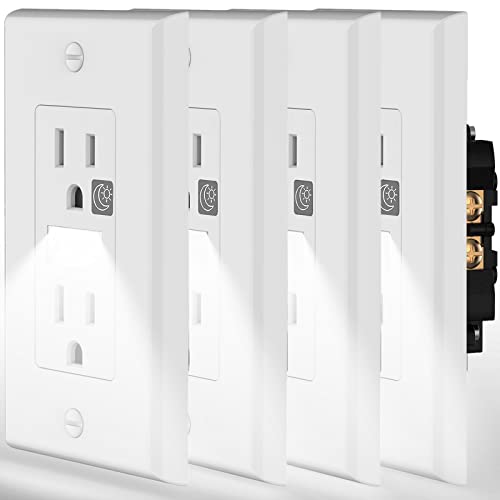 SOZULAMP Night Light Wall Outlet-Easy to Install,Standard Electrical Outlets with Nightlight,White Decorator,2 Pole 3 Wire,Non-Tamper Resistant,Wall Plate Included(4Pack,Daylight White LED)