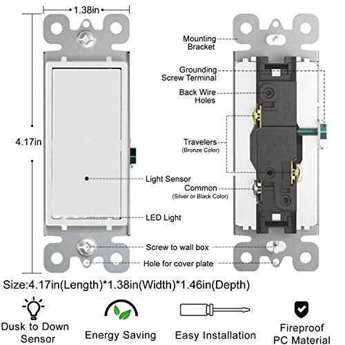 4Pack SOZULAMP 3 Way Wall Light Switch with LED Night Light 15Amp 120/277Volt Decora Rocker, Automatic On/Off Sensor, White