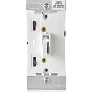 Leviton TSL06-1LW Toggle Slide Universal Dimmer, 300-Watt Dimmable LED and CFL, 600-Watt Incandescent and Halogen for Single Pole or 3-Way, with Locator Light, 1-Pack, White