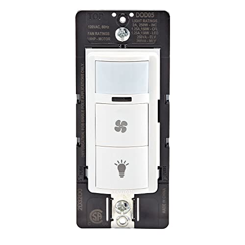 Leviton Decora in-Wall Combination Occupancy Sensor with Fan Switch, 1/4 HP, Residential Grade, Single Pole, White, DOD05-1LW