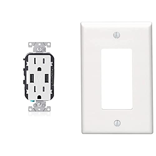 Leviton T5632-W 15-Amp Charger/Tamper Resistant Duplex Receptacle, 1-Pack, White & 80601-W 1-Gang Decora/GFCI Device Wallplate, Midway Size, Thermoset, Device Mount, White