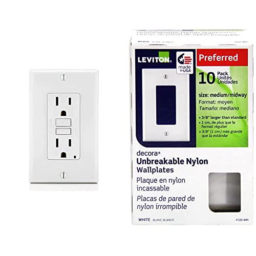 Leviton GFNT1-W Self-Test SmartlockPro Slim GFCI Non-Tamper-Resistant Receptacle with LED Indicator, Wallplate Included, 15-Amp, White & PJ26-WM 1-Gang Decora/GFCI Decora Wallplate, White, 10-Pack