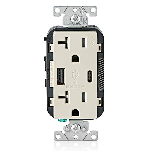 Leviton T5833-T 20-Amp Type-C USB Charger/Tamper Resistant Receptacle, Light Almond