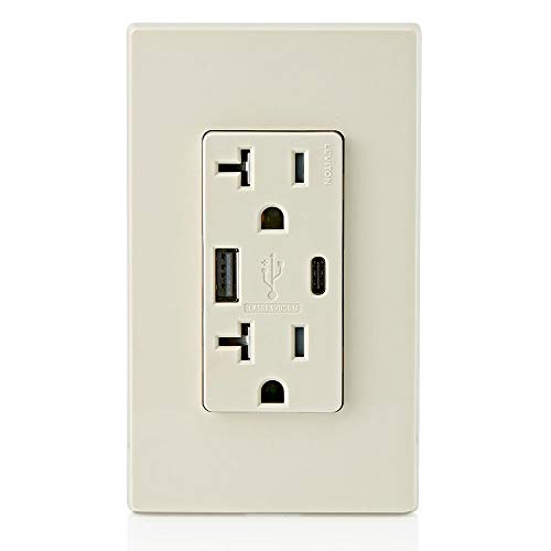 Leviton T5833-T 20-Amp Type-C USB Charger/Tamper Resistant Receptacle, Light Almond