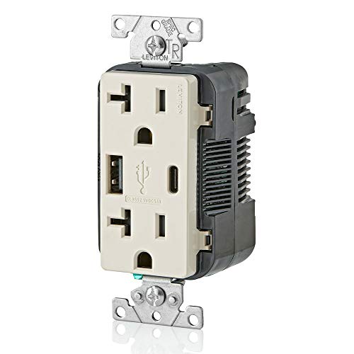 Leviton T5833-T 20-Amp Type-C USB Charger/Tamper Resistant Receptacle, Light Almond