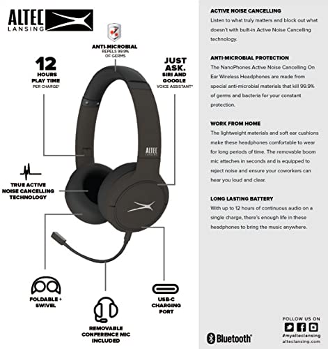 Altec Lansing Nanophones ANC Bluetooth Wireless Active Noise Cancelling Headphones On Ear Headphones 12 Hour Battery Life, Foldable Earcups, Removeable Mic for Working and Learning from Home (Grey)