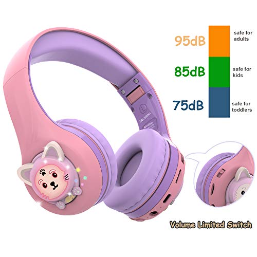 Riwbox Kids Headphones, Baosilon CB-7S Cat Kids Toddler Headphones with LED Light, 75/85/95dB Volume Limited, Kids Wireless Headphones with Mic for School/Tablet/Girls (Purple)